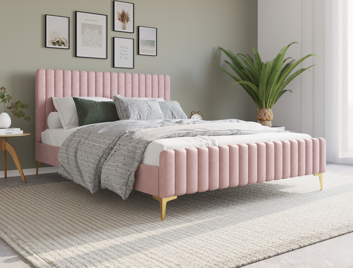 Astra Emily Pink Velvet Gold Legs Double Bed Frame — ISAAK