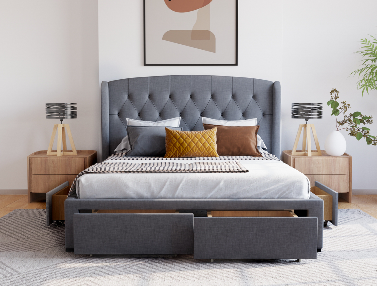 Audrey Grey Fabric Drawer Queen Bed Frame – ISAAK