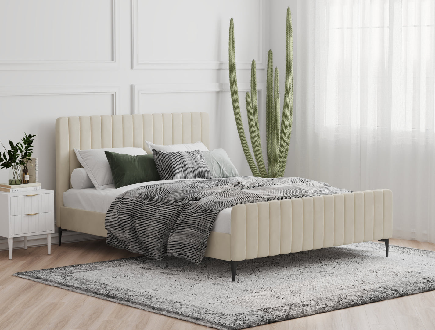 Astra Emily Beige Velvet Black Legs Bed Frame – ISAAK
