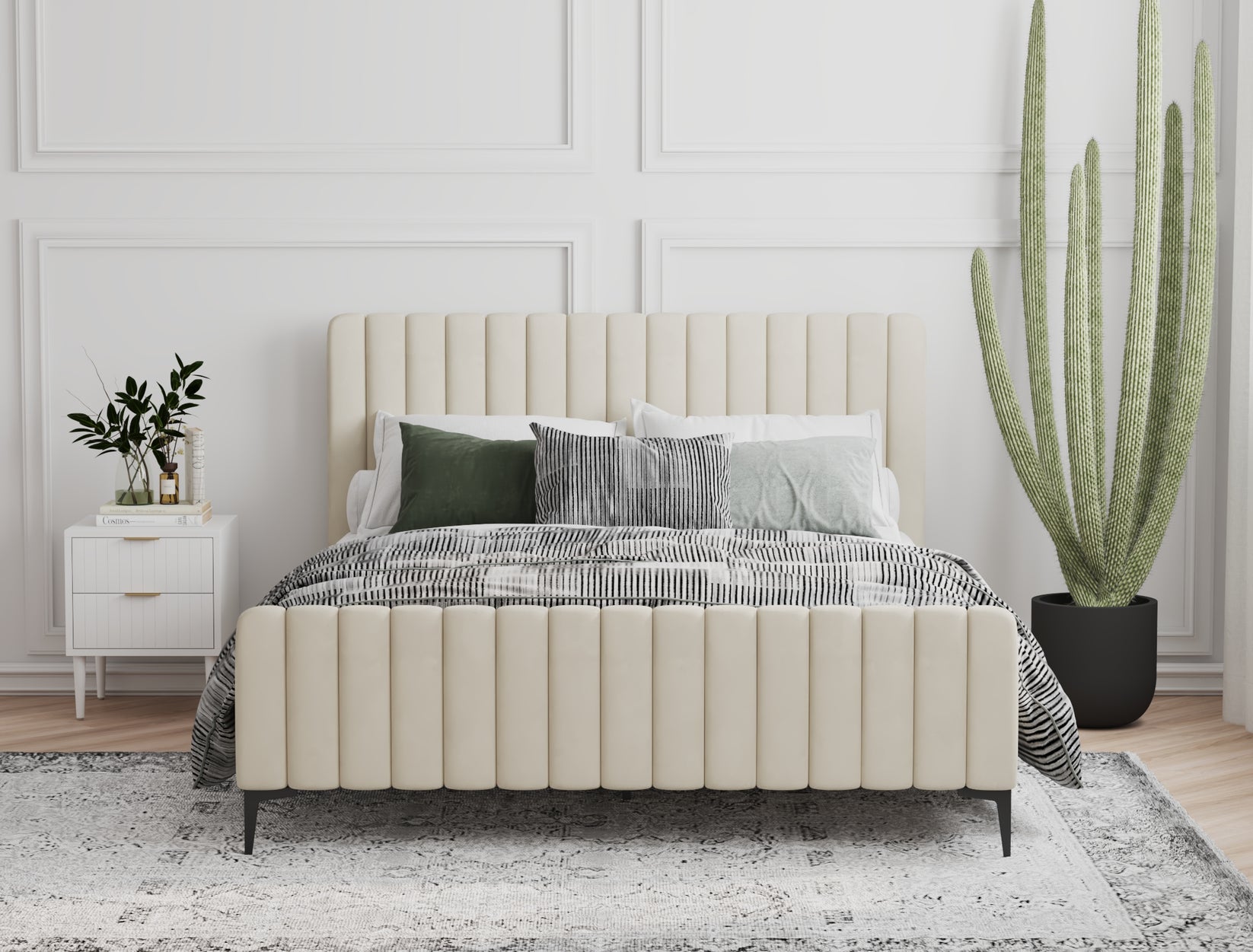 Astra Emily Beige Velvet Black Legs Bed Frame – ISAAK