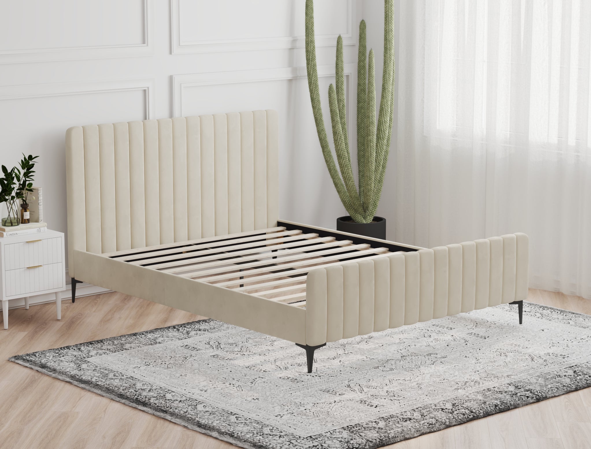 Astra Emily Beige Velvet Black Legs Bed Frame — ISAAK