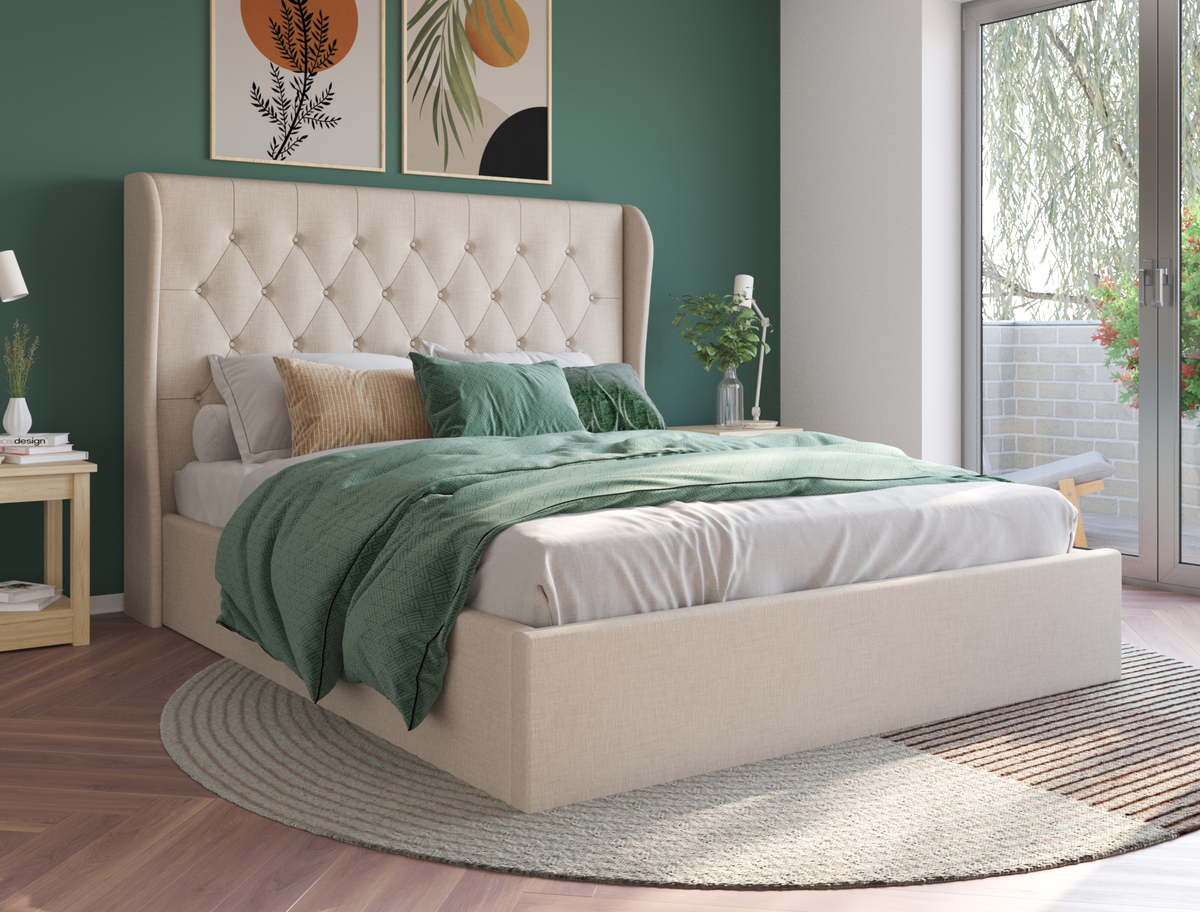 Harlow Beige White Oak Fabric Gas Lift King Bed Frame — ISAAK