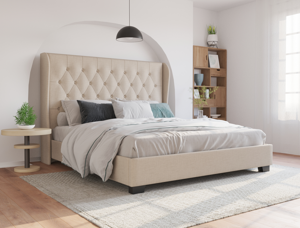 Harlow Beige White Oak Winged Fabric King Bed Frame — ISAAK