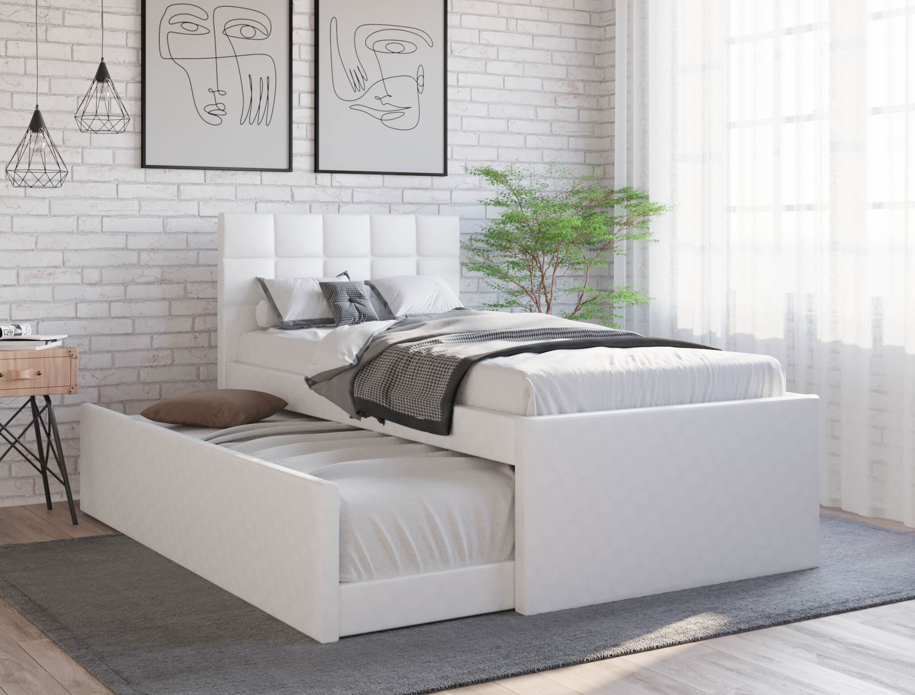 Landa White Faux Leather Trundle King Single Bed Frame — ISAAK