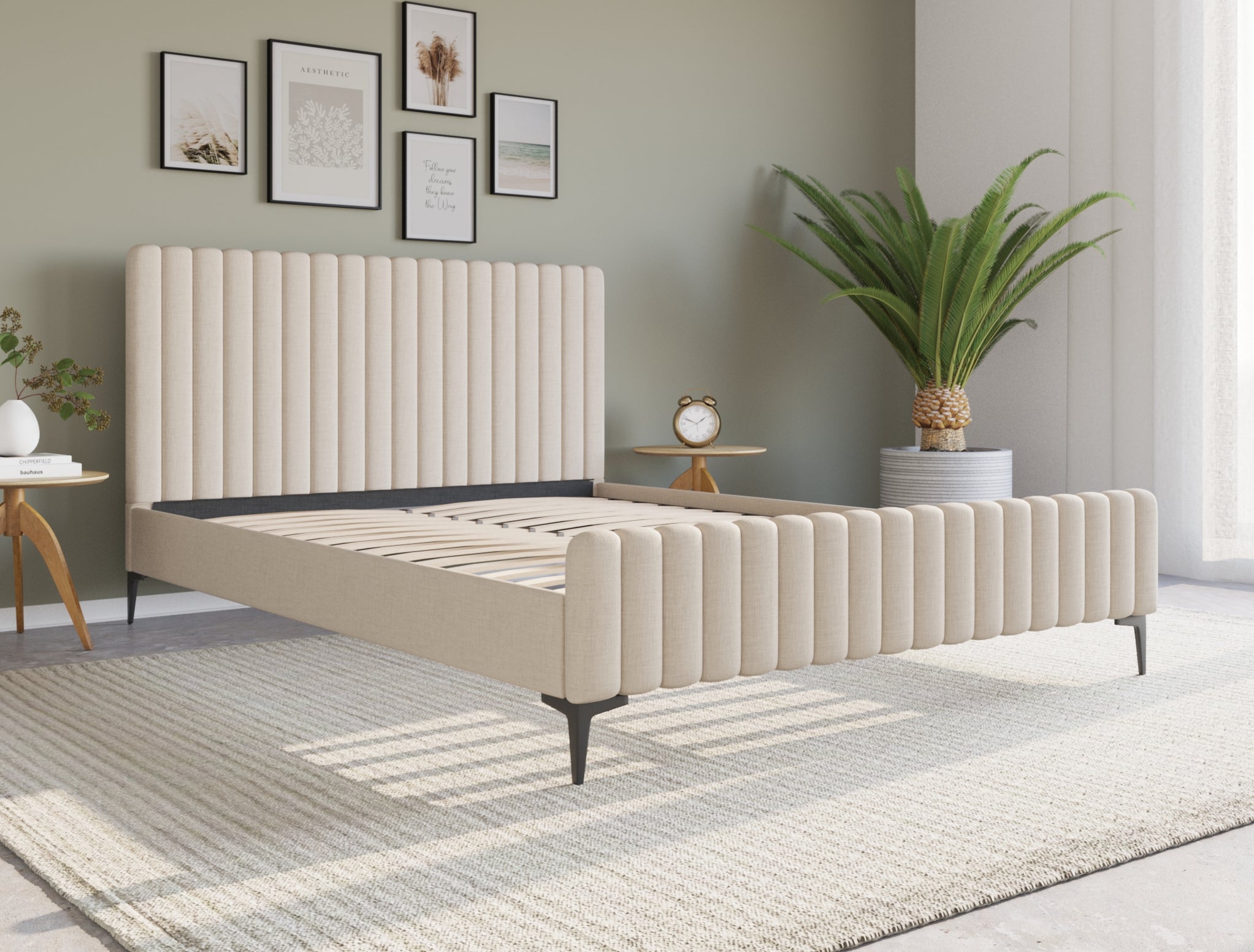 Astra Emily Beige Fabric Black Legs Bed Frame — ISAAK