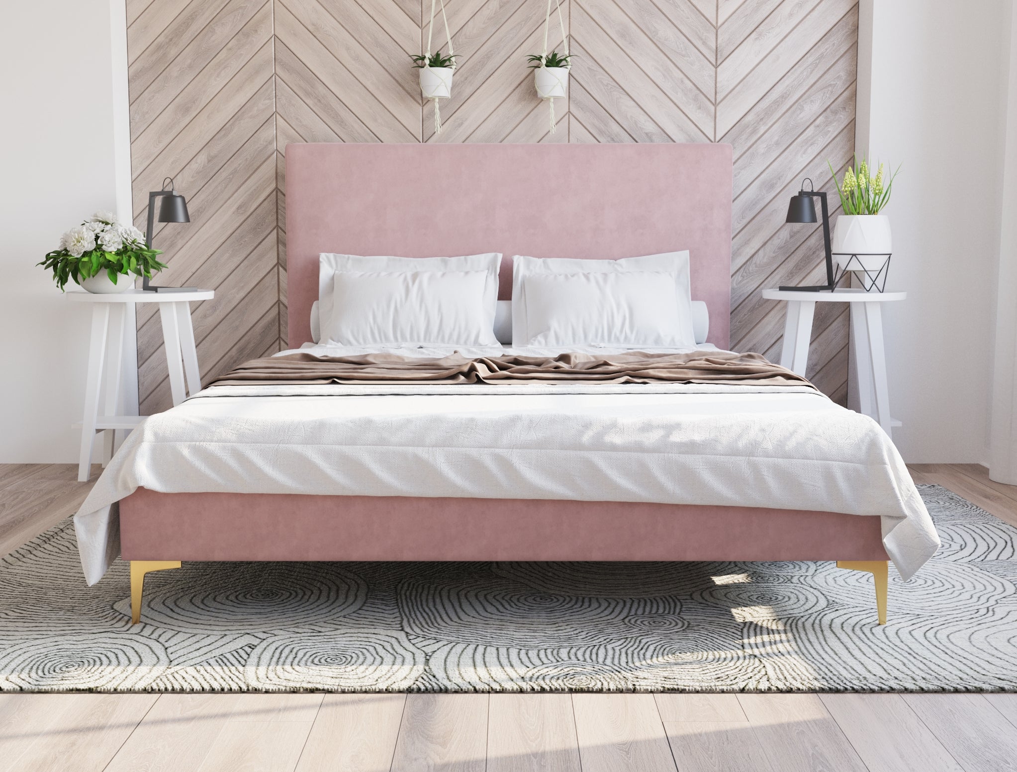 Rykkie Pink Velvet Gold Legs Bed Frame — ISAAK