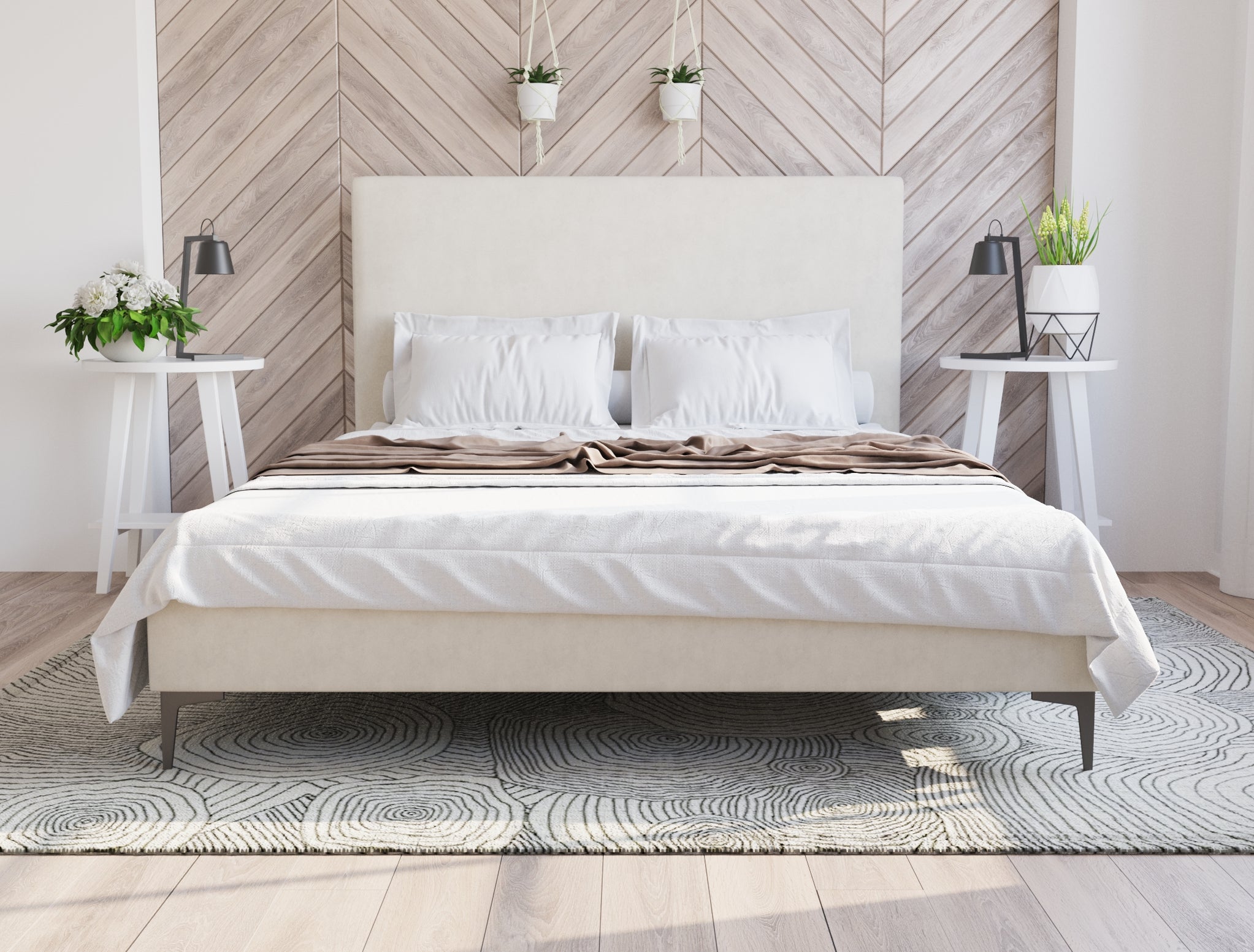 Rykkie Beige White Oak Fabric Black Legs Bed Frame — ISAAK